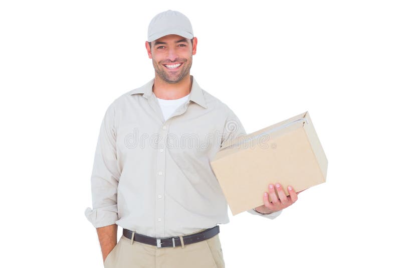 Handsome Delivery Man with Cardboard Box on White Background Stock ...