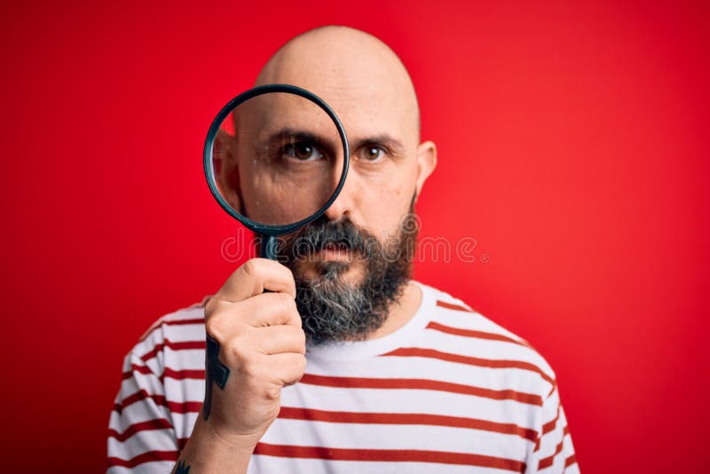 Man Detective with a Beard Studying Tree Trunk in Autumn Forest Stock ...