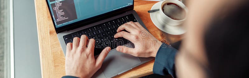 Back View of Developer Programmer Freelancer Working on Project in Cafe ... Back View of Developer Programmer Freelancer Working on Project in Cafe ...