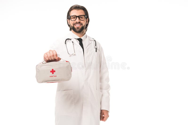Handsome Doctor in Eyeglasses Holding First Aid Kit and Smiling at ...