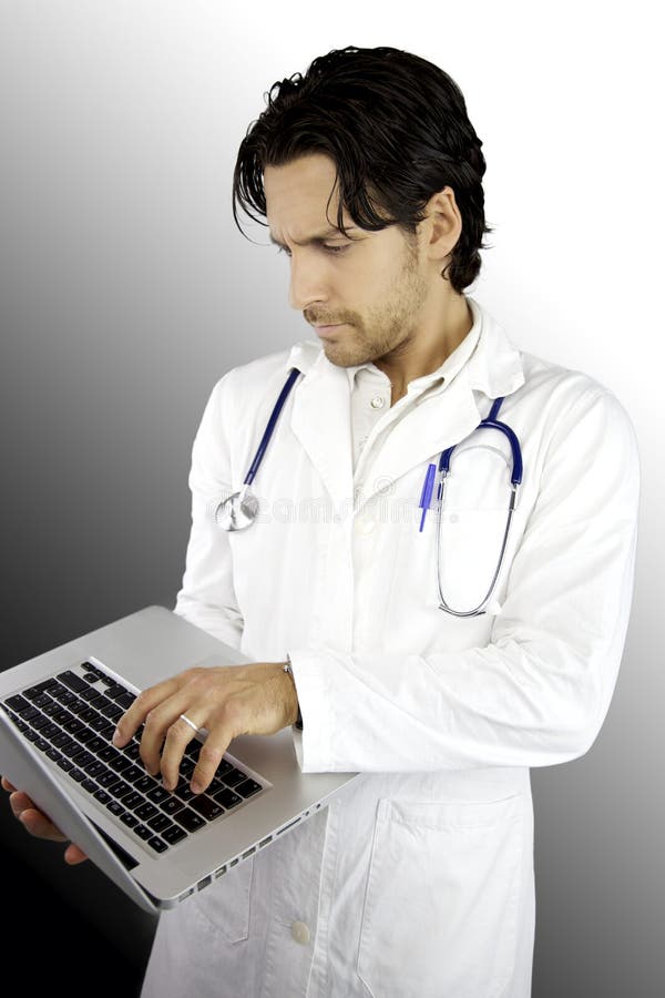Handsome Doctor Working with Pc Stock Image - Image of care, portrait ...