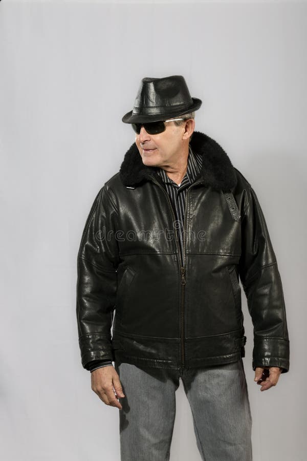 Handsome Elderly Man with Sunglasses, Hat and Black Leather Jacket ...