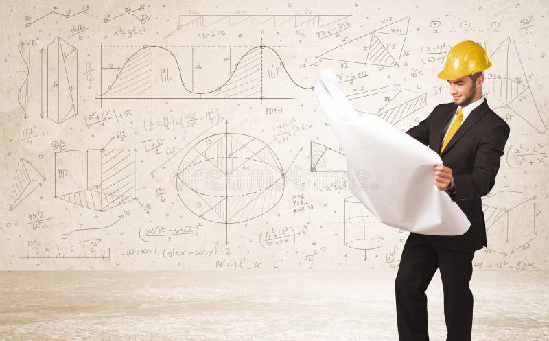 Handsome Engineer Calculating with Hand Drawn Background Stock Photo ...