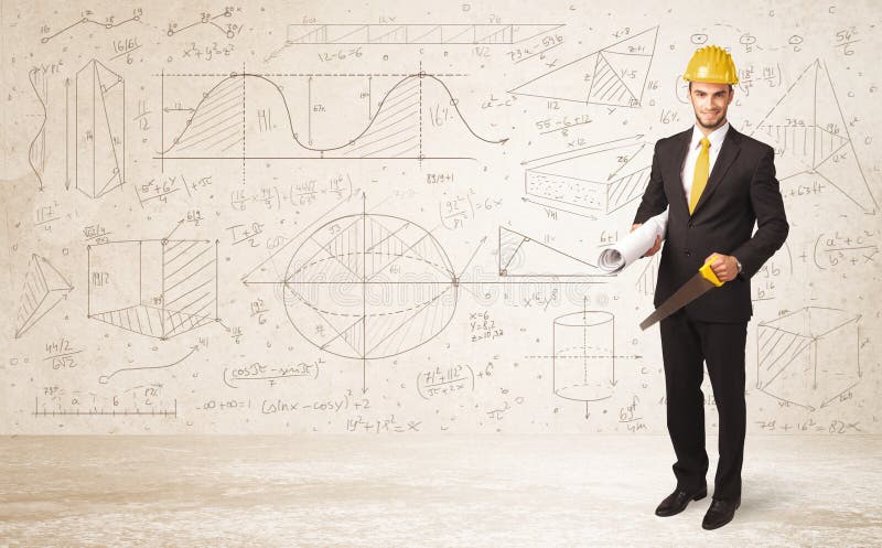 Handsome Engineer Calculating with Hand Drawn Background Stock Image ...