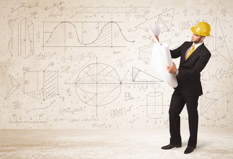 Handsome Engineer Calculating with Hand Drawn Background Stock Image ...