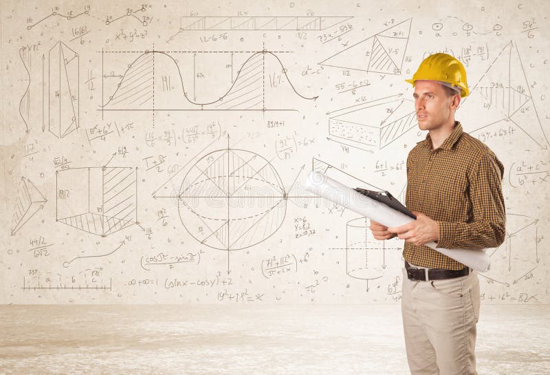 Handsome Engineer Calculating with Hand Drawn Background Stock Photo ...