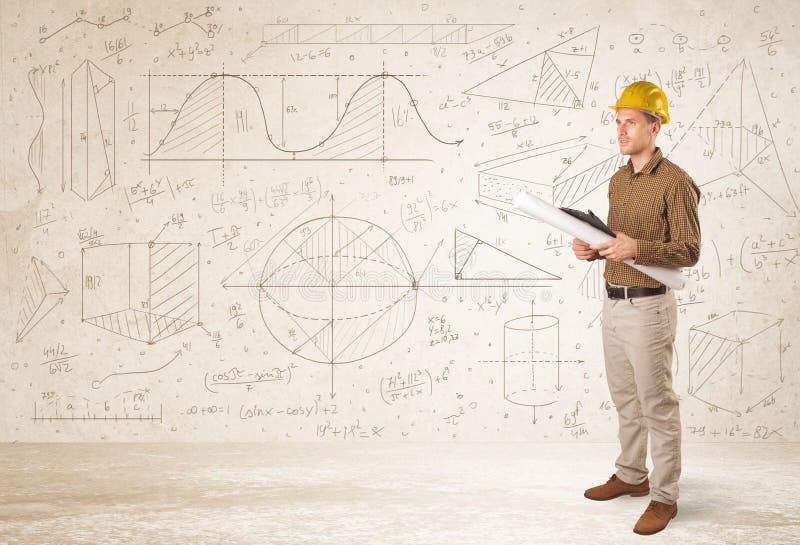 Handsome Engineer Calculating with Hand Drawn Background Stock Photo ...