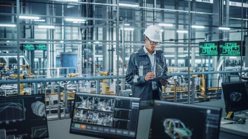 Handsome Engineer in Uniform and Hard Hat Using Tablet Computer at a ...