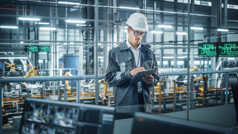 Handsome Engineer in Uniform and Hard Hat Using Tablet Computer at a ...