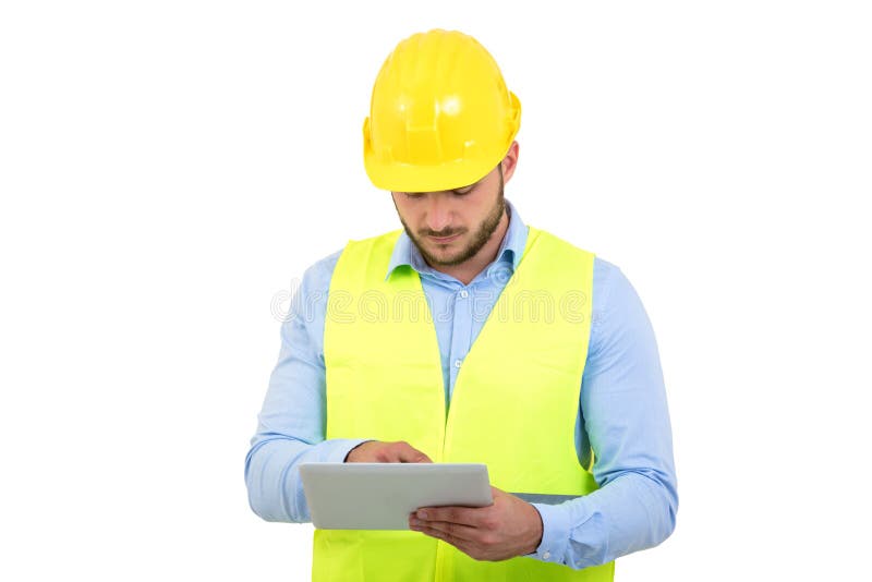 Handsome Engineer Working with a Tablet Pc, Isolated on White Stock ...