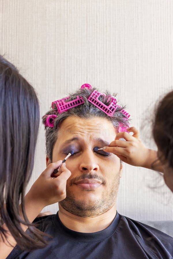 Handsome Father is Being Makeup by the Hands of His Daughters Stock ...