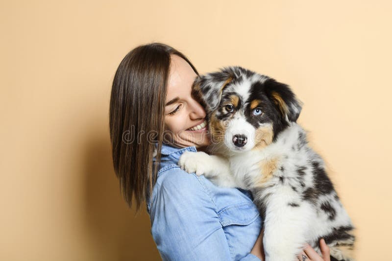 Handsome Female with Her Australian Berger Puppy on Studio Stock Photo ...