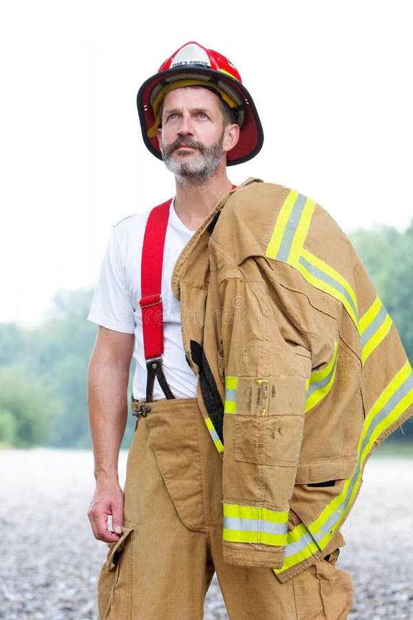 Handsome Fireman in Uniform Standing Outdoors Stock Photo - Image of ...
