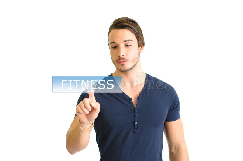 Handsome and Fit Guy Choosing Fitness on Invisible Board Stock Photo ...