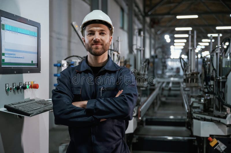 Handsome Friendly Guy. Factory Worker is Indoors with Hard Hat Stock ...