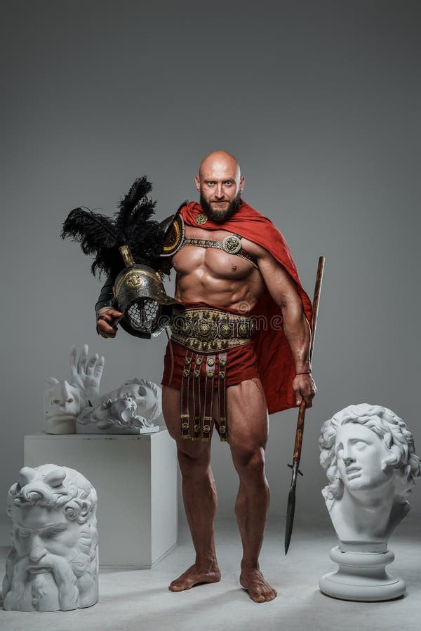 Handsome Gladiator with Helmet and Spear Against Grey Background Stock ...