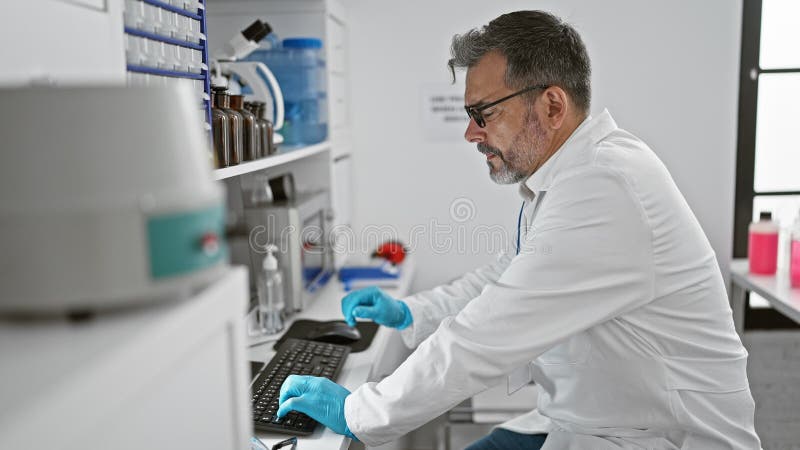 Handsome, Grey-haired Young Hispanic Man, a Diligent Scientist, Caught ...