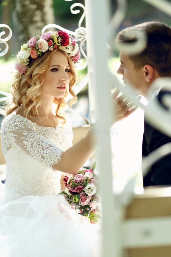 Handsome Groom Sensual Touching Emotional Happy Blonde Bride In Stock