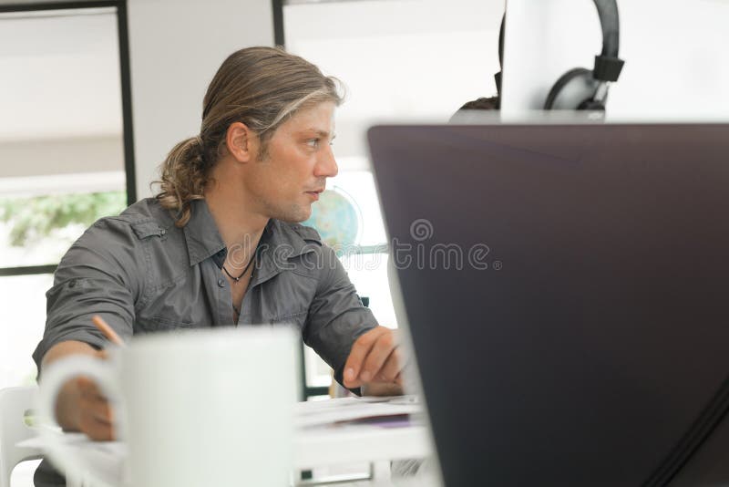Handsome Guy at Computer Work Stock Image - Image of learn, portrait ...