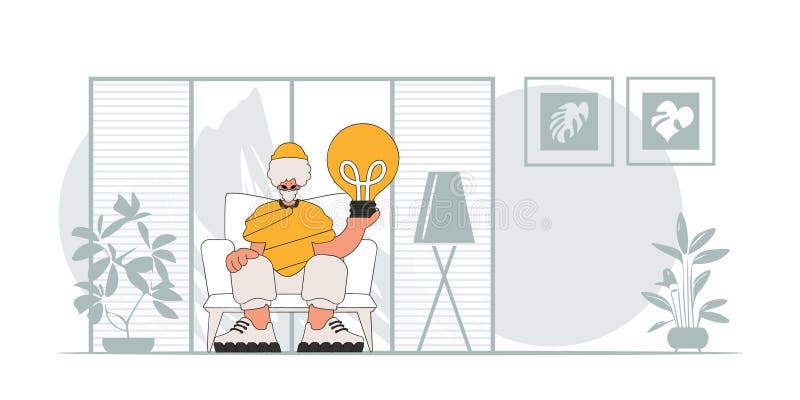 A Handsome Guy is Holding a Light Bulb. Idea Concept. Trendy Character ...