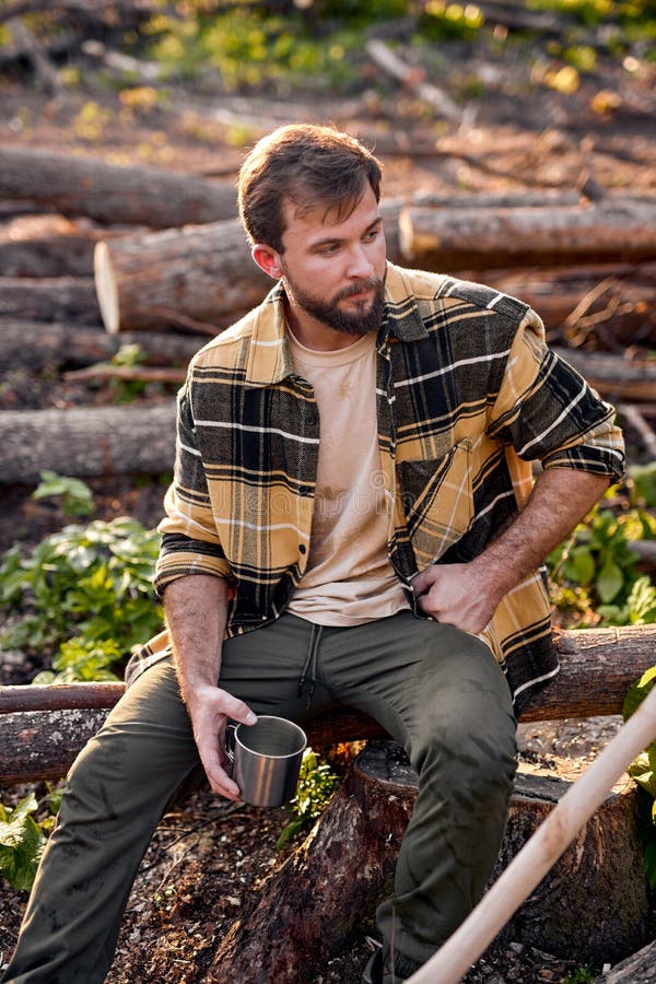 Handsome Guy Lumberman Sit Drinking Tea Having Rest after Chopping ...
