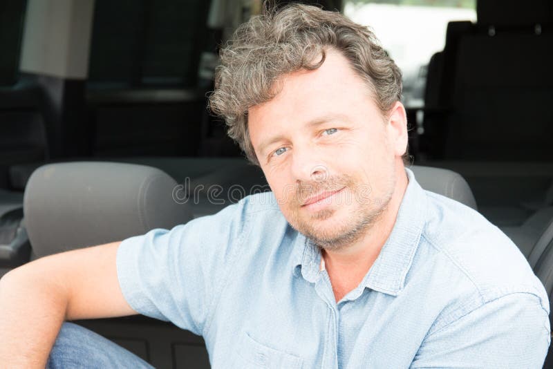 Handsome Guy Man Sit on Rear Van Stock Photo - Image of sitting ...