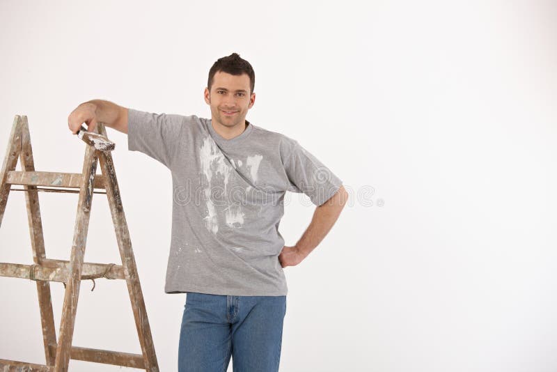 Handsome Guy with Paint Brush and Ladder Stock Image - Image of color ...