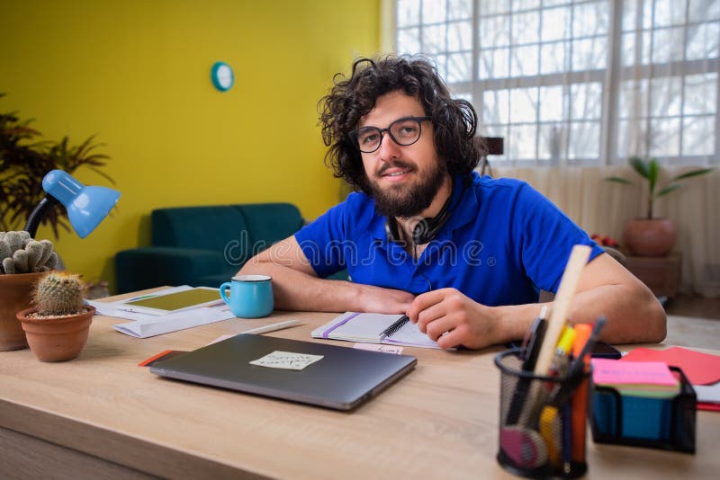 Handsome Guy Student Doing His Class Project at Home he Have Thinking ...