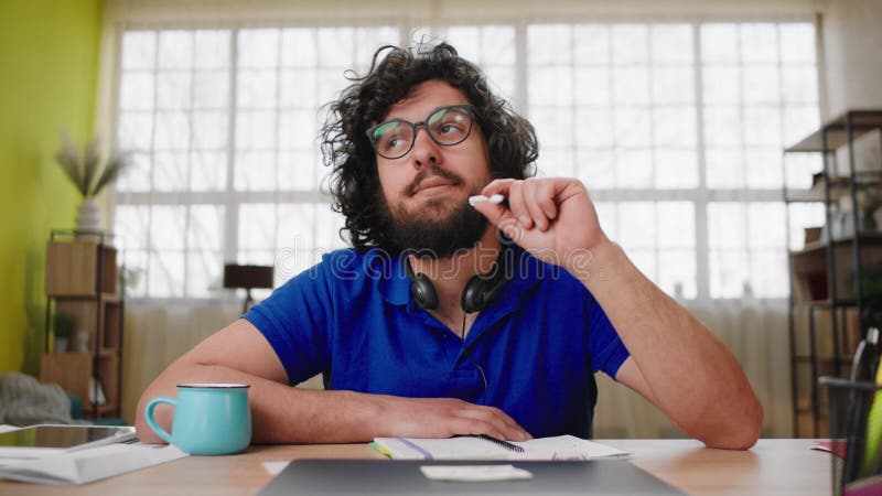 Handsome Guy Student Doing His Class Project at Home he Have Thinking ...