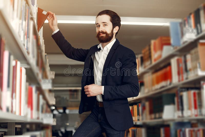 Handsome Guy Study at the Library Stock Image - Image of beard, modern ...