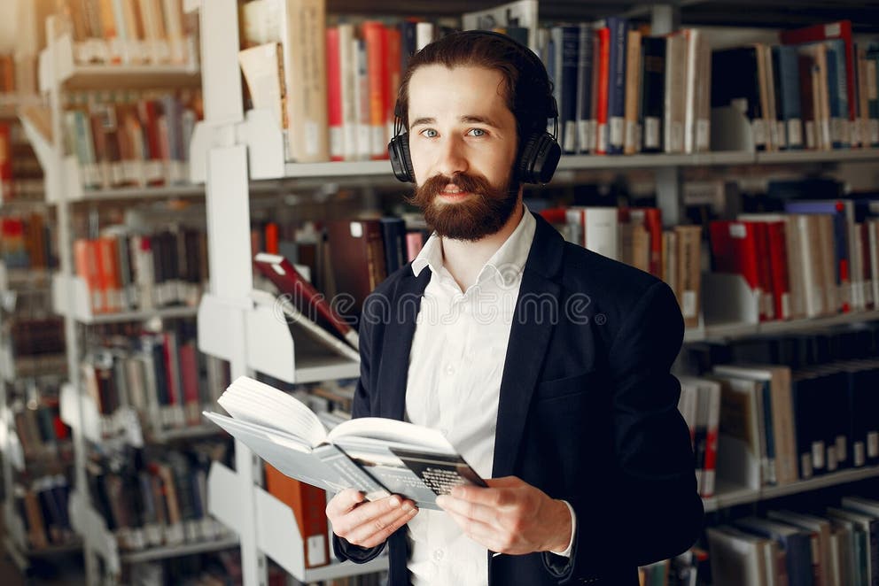 Handsome Guy Study at the Library Stock Image - Image of modern ...