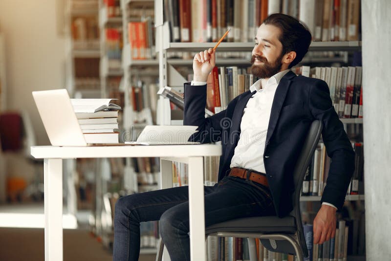 Handsome Guy Study at the Library Stock Image - Image of looking ...