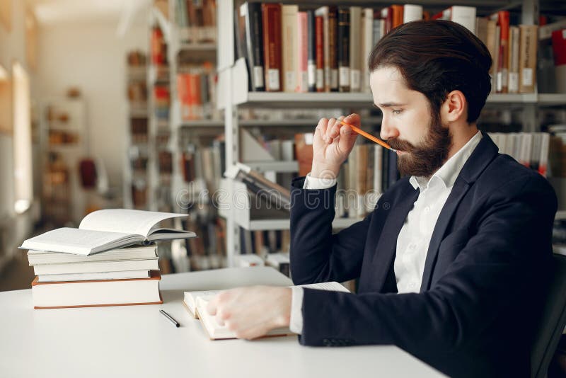 Handsome Guy Study at the Library Stock Image - Image of paper ...