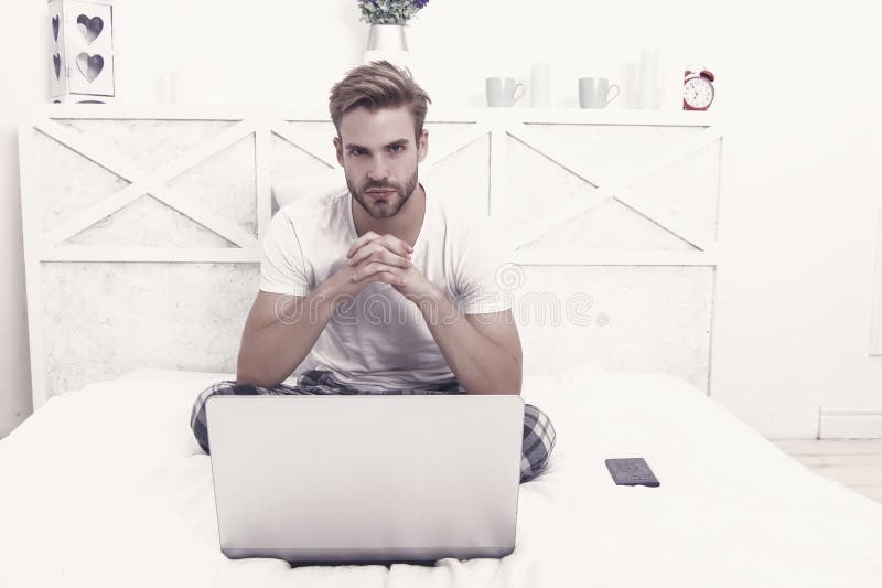 Handsome Guy Use Computer Digital Technology for Working from Home ...