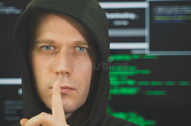 Hacker Man in Black Hood and Mask with Computer Laptop Hacking System ...