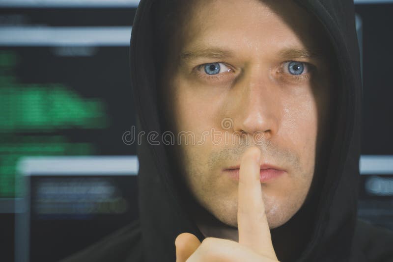 Handsome Hacker in Black Hoodie. Stock Photo - Image of computer ...
