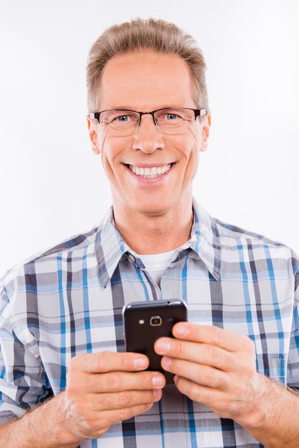 Handsome Happy Aged Man Holding Phone Stock Photo - Image of aged ...