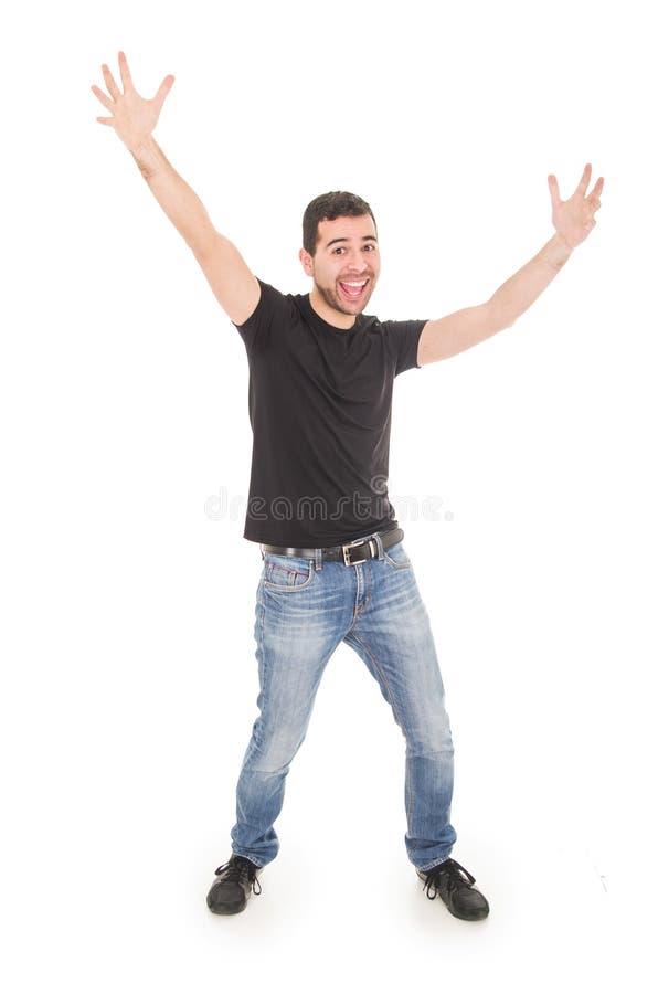 Handsome Happy Guy Posing with Arms Up Stock Photo - Image of casual ...