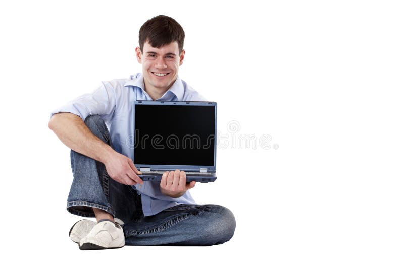 Handsome, Happy Man Holding Computer Monitor Stock Photo - Image of ...