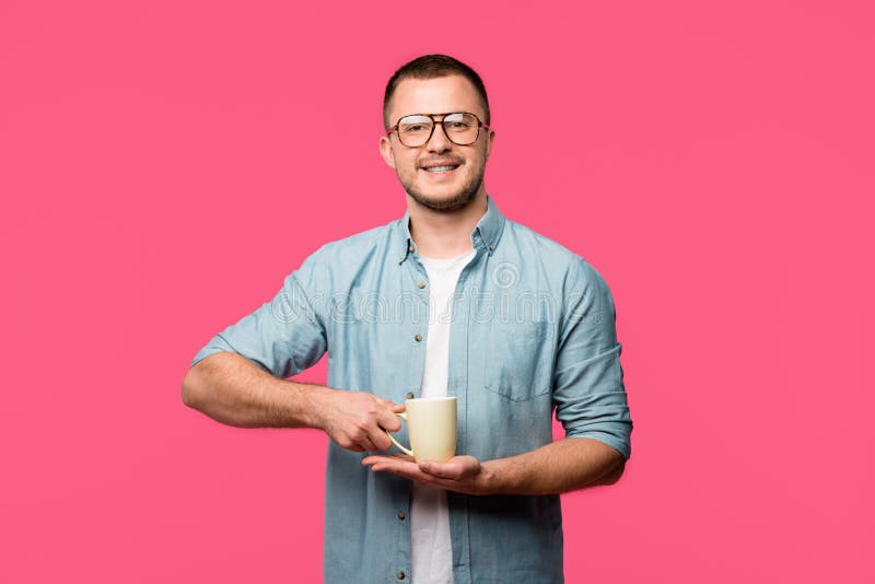 Handsome Happy Man Holding Cup and Smiling at Camera Isolated Stock ...