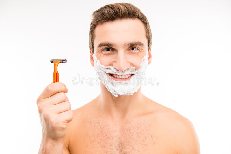 Handsome Happy Man with Shaving Foam on His Face Holding Razor Stock ...