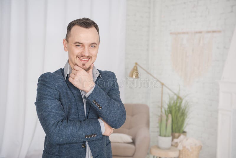 Handsome Happy Man Smile Standing at Home Stock Image - Image of ...