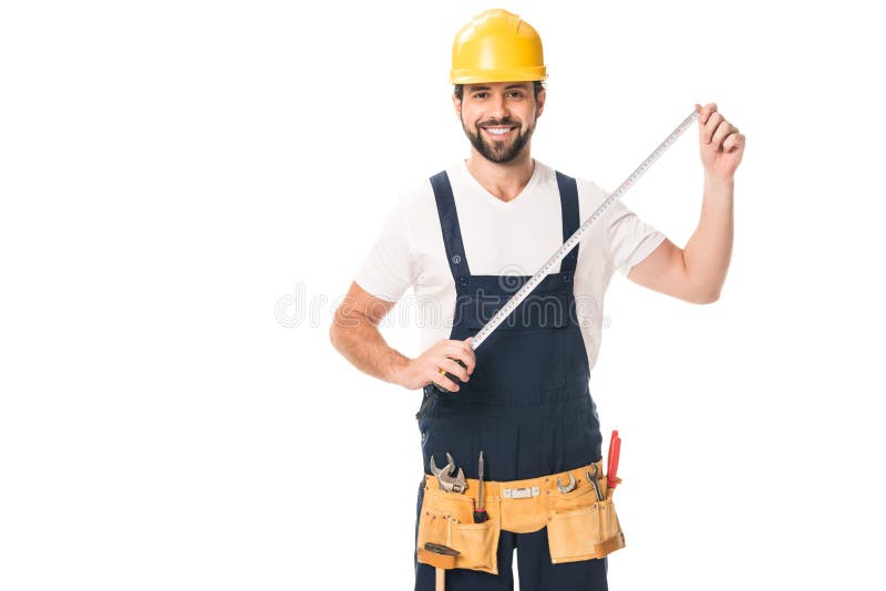 Handsome Happy Workman Holding Measuring Tape and Smiling at Camera ...
