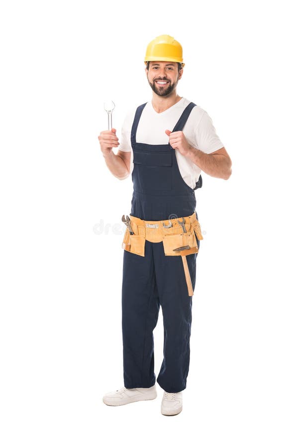 Handsome Happy Workman Holding Wrench and Smiling at Camera Stock Photo ...