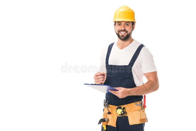Handsome Happy Workman in Tool Belt and Hard Hat Writing on Clipboard ...