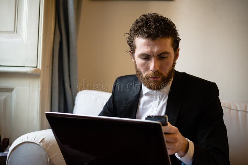 Handsome Hipster Elegant Man Using Laptop Stock Image - Image of ...