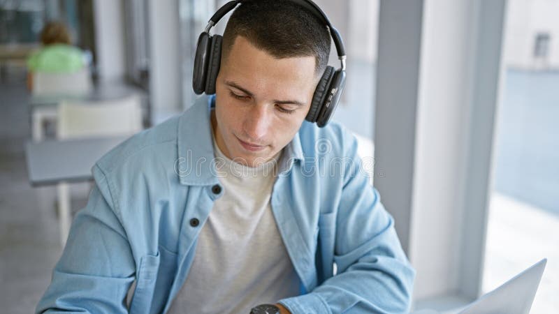 Handsome Hispanic College Student Studying with Headphones in a Modern ...
