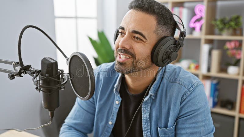 Handsome Hispanic Man with Beard Smiling in Radio Studio Stock Photo ...