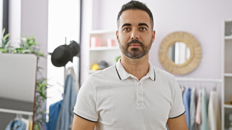 Handsome Hispanic Man with Beard in a Stylish Wardrobe Room Indoors ...