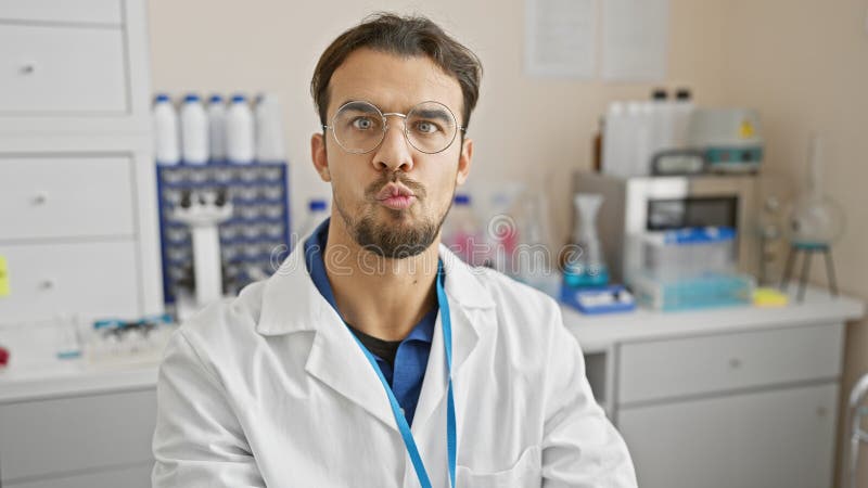 Handsome Hispanic Man with Beard Wearing Glasses and Lab Coat Posing in ...
